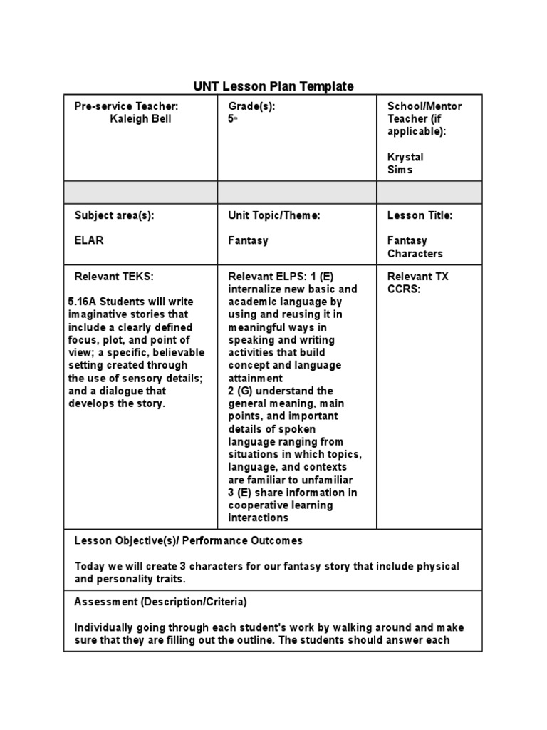Fantasy Characters Lesson Plan | PDF | Lesson Plan | Education Theory