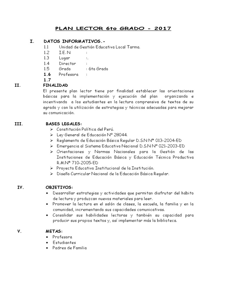 Plan Lector 6to Grado 2017 | PDF | Lectura (proceso) | Educación primaria