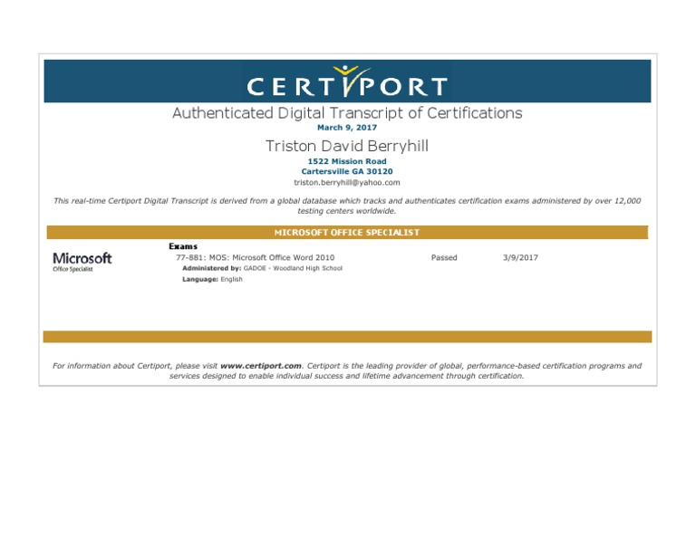 Triston Berryhill Mos Word Certificate | PDF