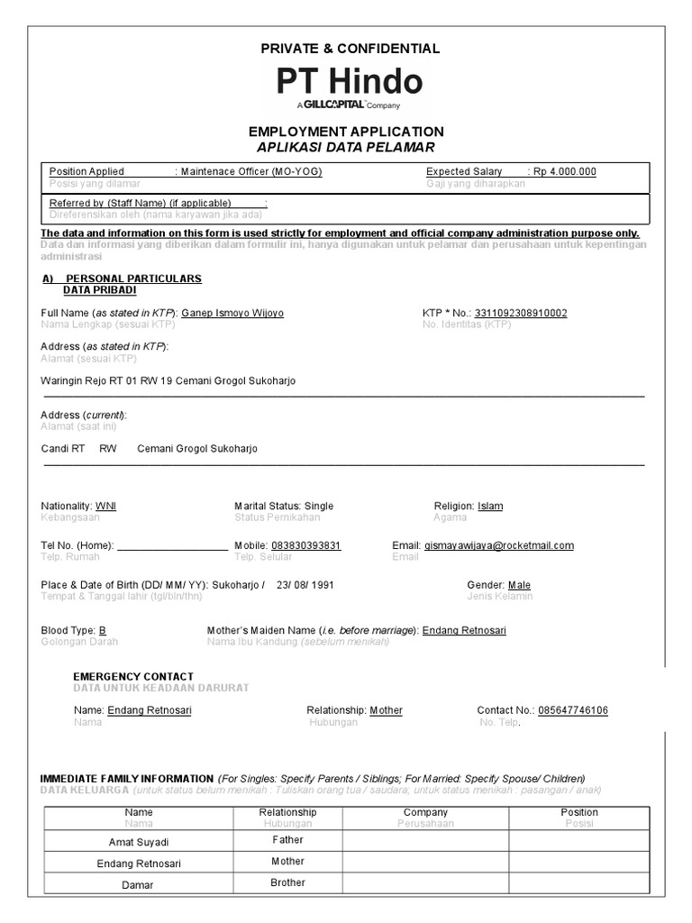 PT Hindo Employment Application Form | PDF