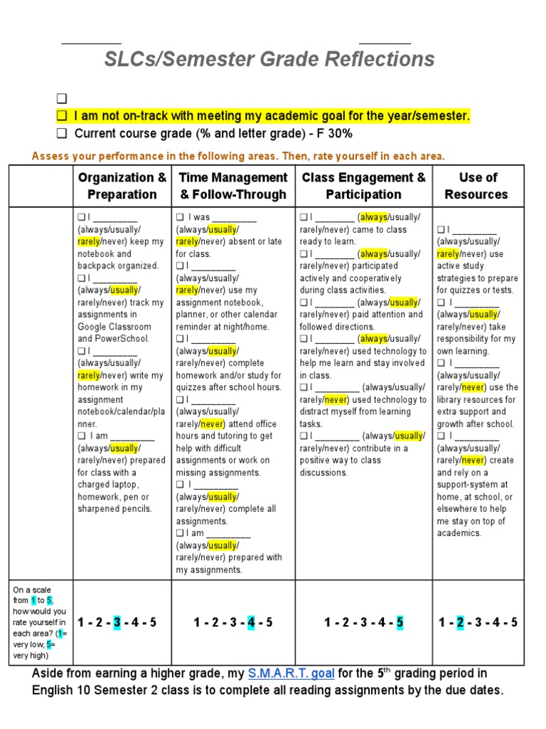 Slcs/Semester Grade Reflections | PDF | Homework | Educational Psychology