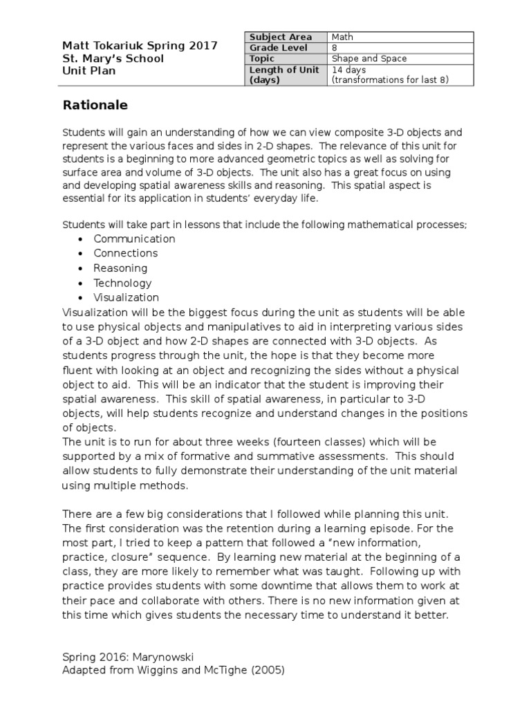 3D Geometry Unit Plan for Grade 8 | PDF | Shape | Educational Assessment