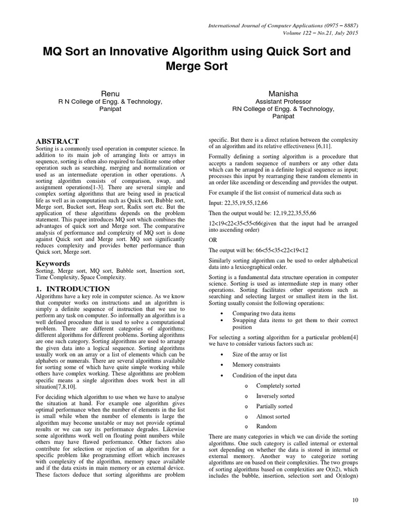 MQ Sort An Innovative Algorithm Using Quick Sort and Merge Sort | Download Free PDF ...