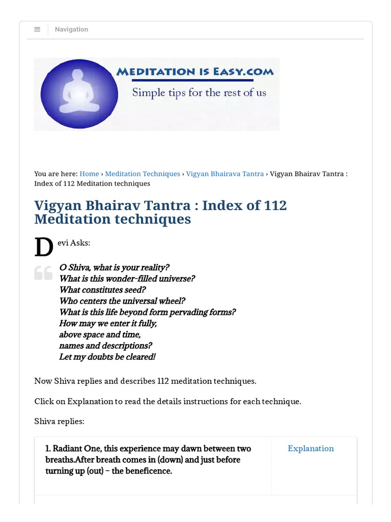 Vigyan Bhairav Tantra - Index of 112 Meditation Techniques | PDF ...