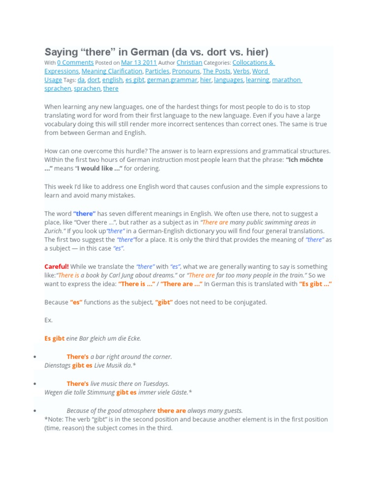 Saying "There" in German (Da vs. Dort vs. Hier) : " Means "I Would Like ...