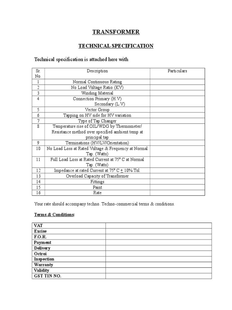 Transformer: Technical Specification Is Attached Here With | PDF
