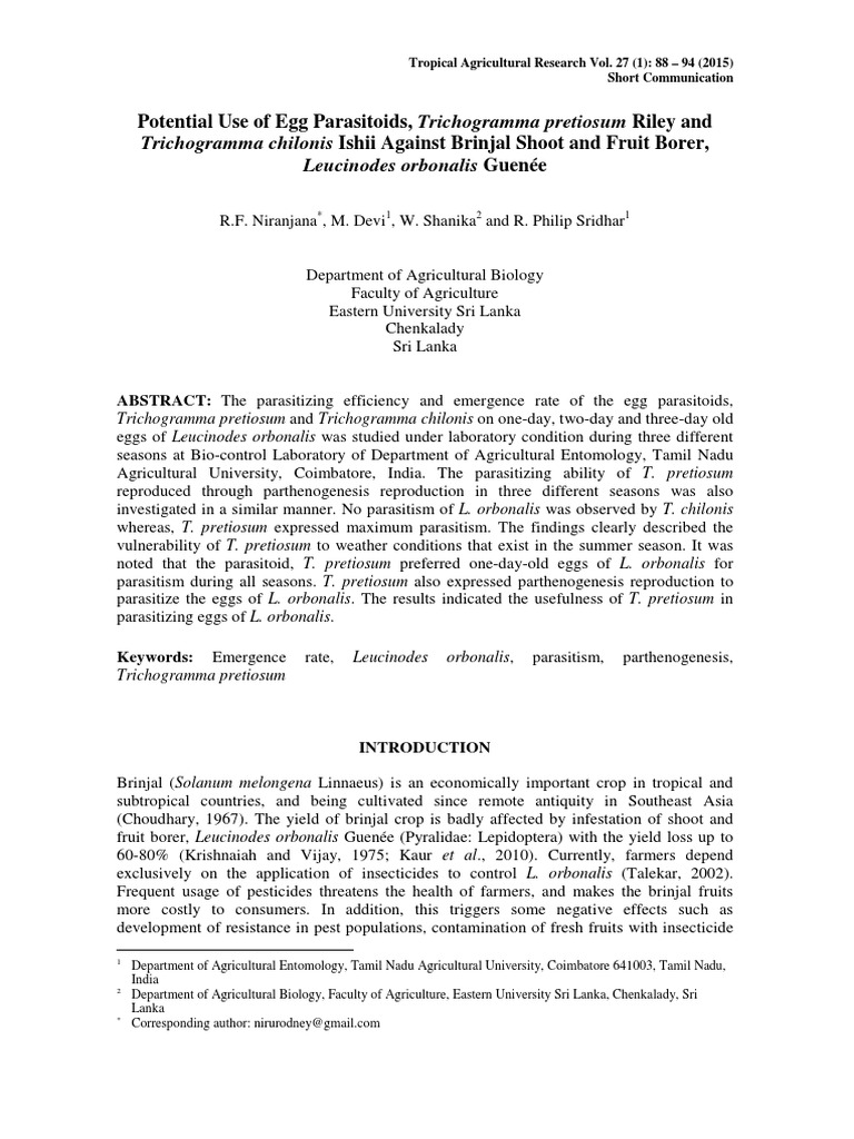 Trichogramma Chilonis Leucinodes Orbonalis | PDF | Biological Pest Control | Parasitism
