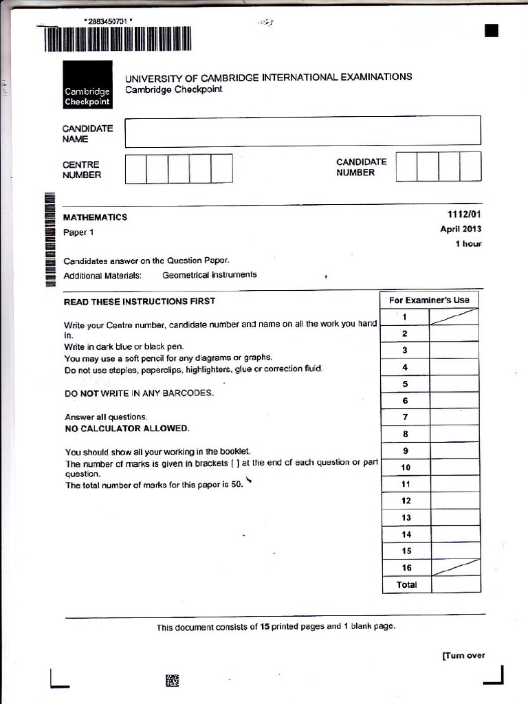 Secondary Checkpoint - Math (1112) April 2013 Paper 1 MS PDF | PDF