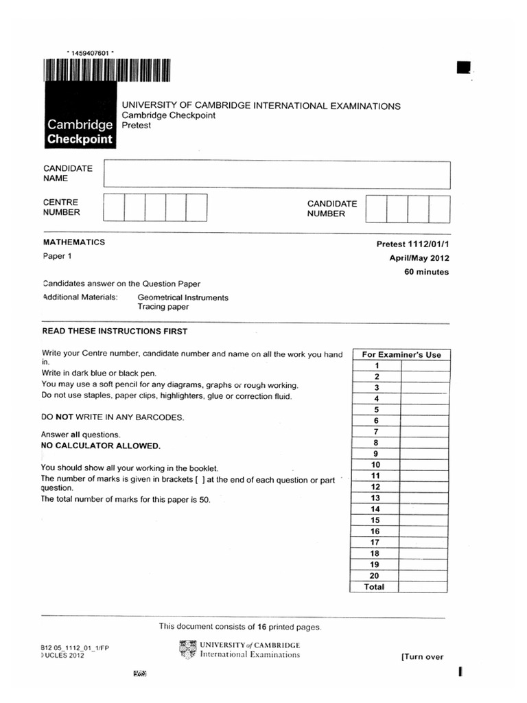 Secondary Checkpoint - Math Pre Test (1112) April 2012 Paper 1 PDF | PDF
