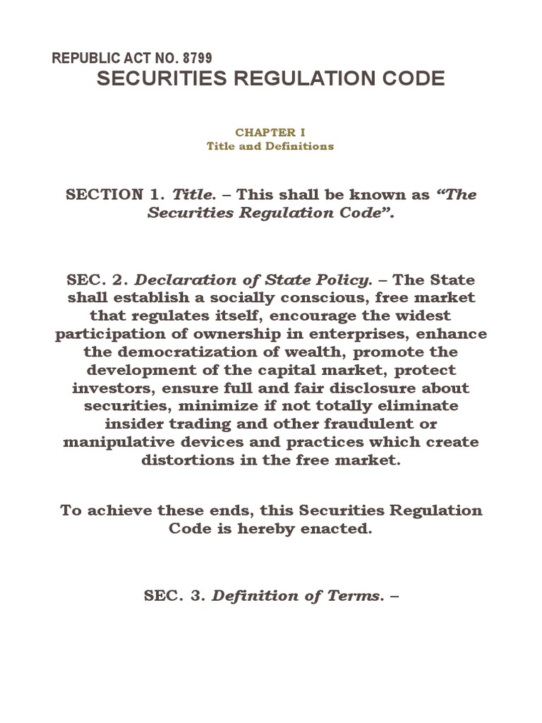 Securities Regulation Code" | Download Free PDF | Securities (Finance ...