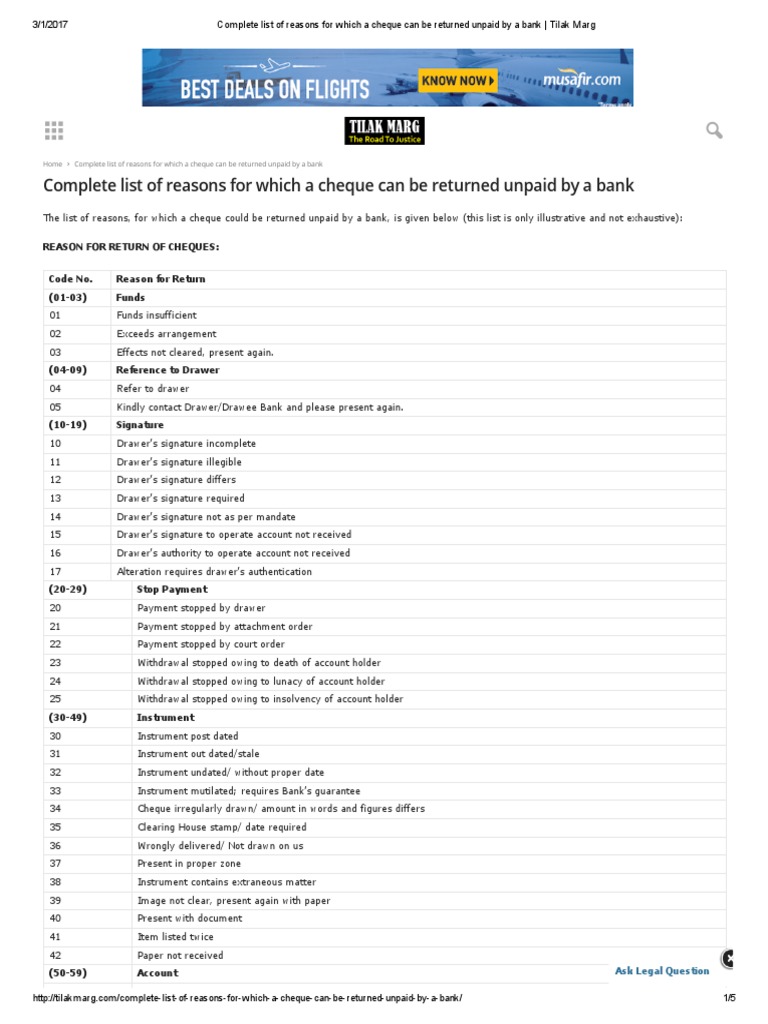 Complete List of Reasons For Which A Cheque Can Be Returned Unpaid by A ...