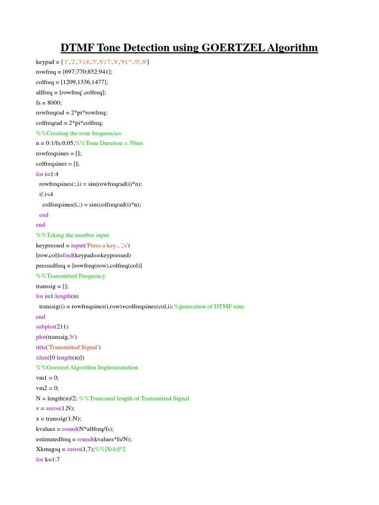 DTMF Tone Detection Using GOERTZEL Algorithm: %%creating The Tone Frequencies %%tone Duration ...