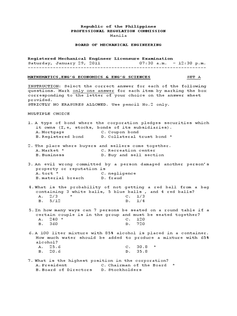Me Preboard - Mar 2011 Set A Math PRC Format | PDF | Strength Of ...