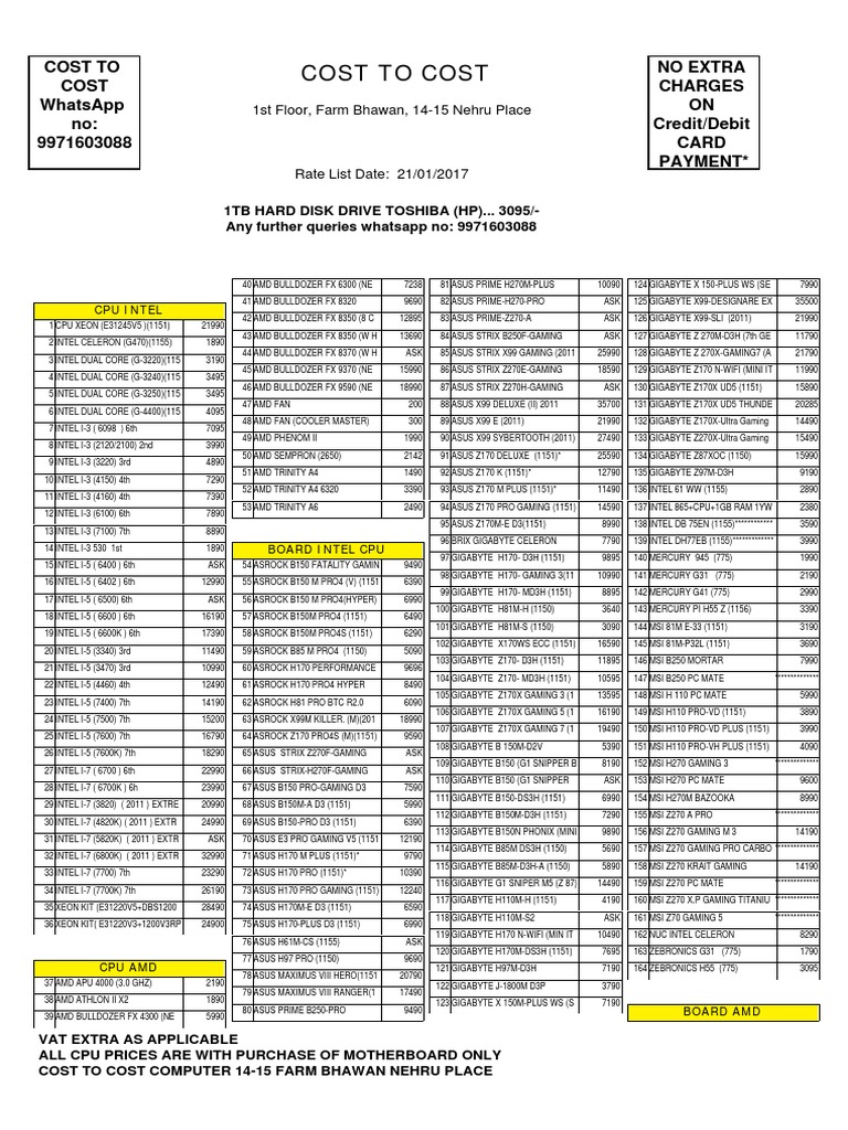 Cost To Cost Price List PDF | Download Free PDF | Advanced Micro ...
