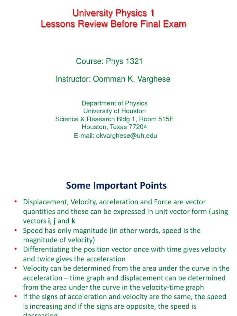 Key Concepts and Formulas for University Physics 1 Final Exam Review ...