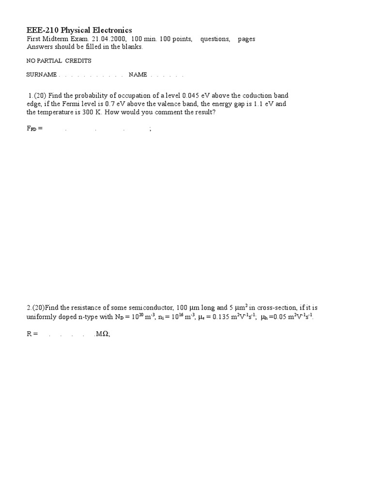 EEE-210 Physical Electronics Exam Questions | PDF | Field Effect ...