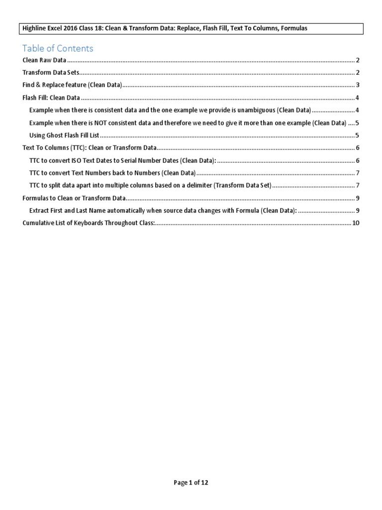 Highline Excel 2016 Class 18 Clean Transform Data Replace Flash Fill TTC Formulas | PDF ...