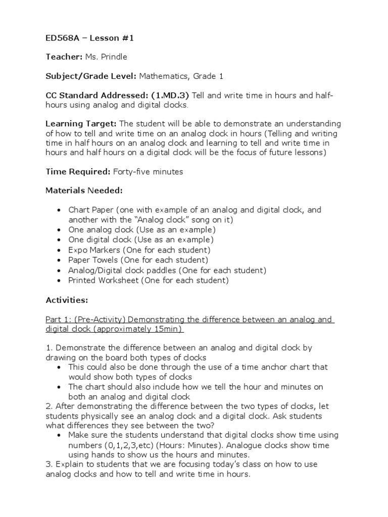 Lesson Plan 1-2 | PDF | Clock | Lesson Plan