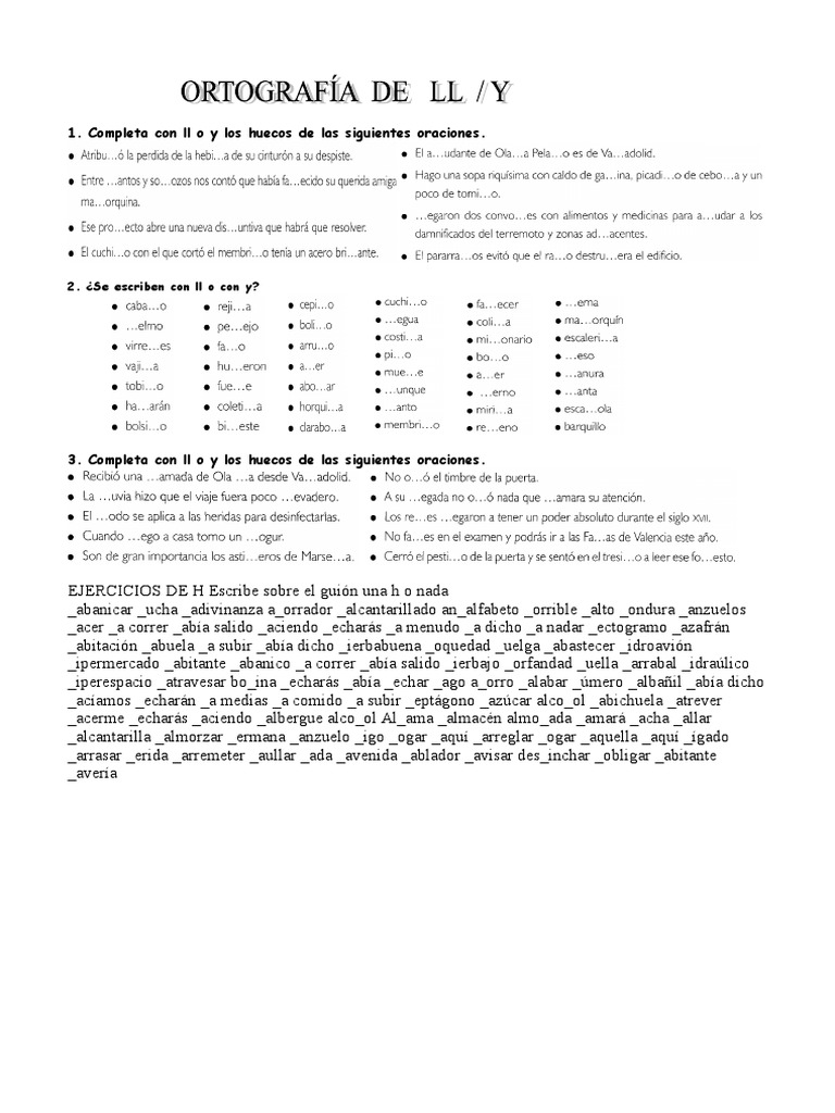 Ejercicios de ortografía: uso de ll y y | PDF