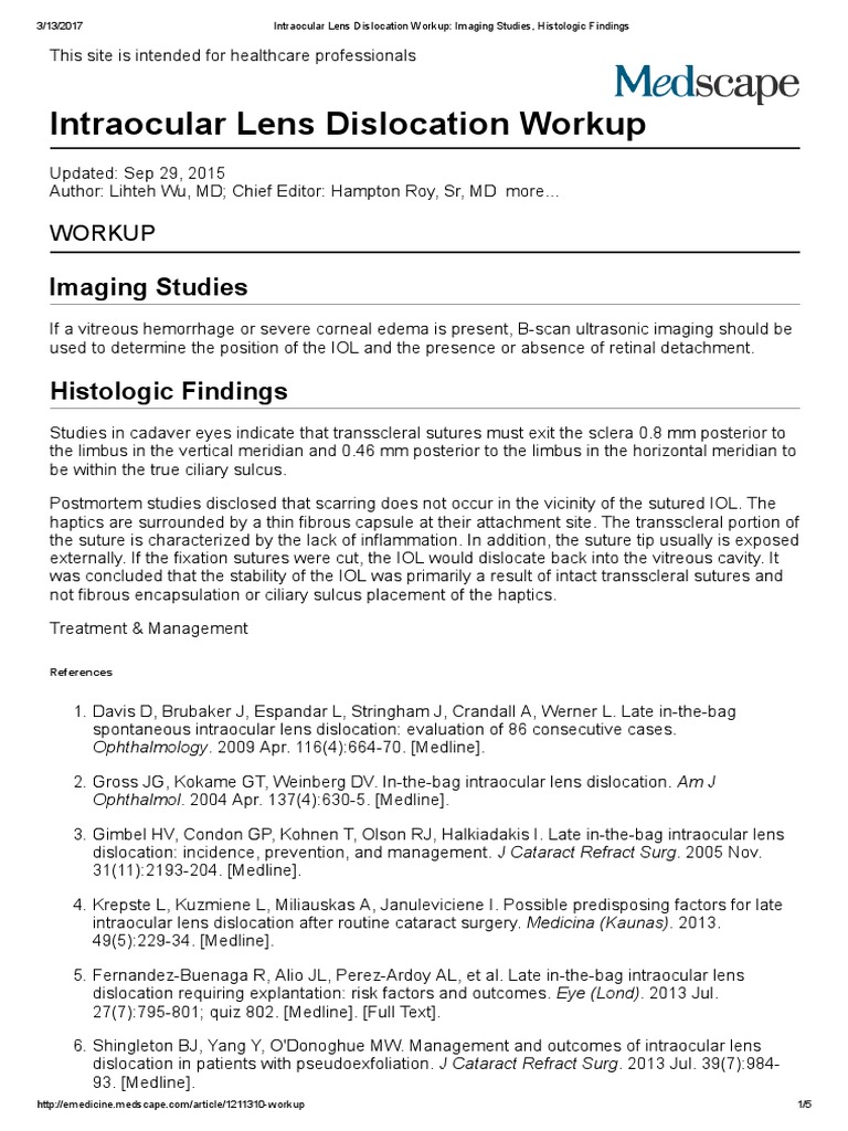 Intraocular Lens Dislocation Workup - Imaging Studies, Histologic ...