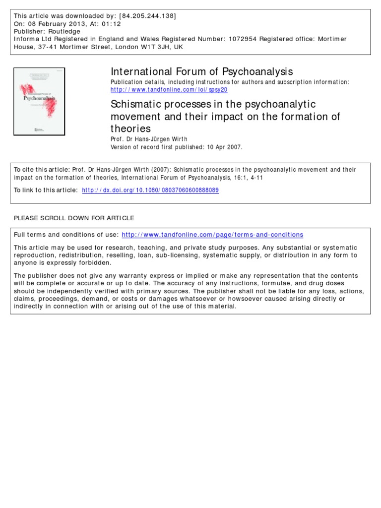 Schismatic Processes in The Psychoanalytic Movement and Their Impact On ...