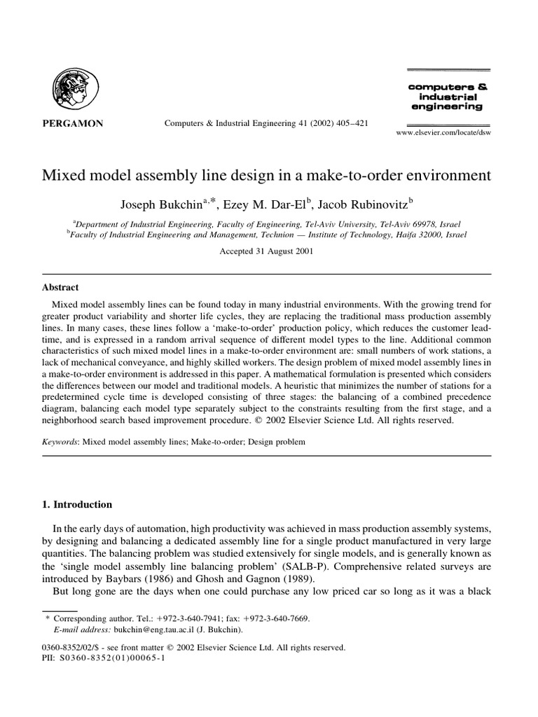 Mixed Model Assembly Line Design in A Make-To-Order Environment | PDF ...