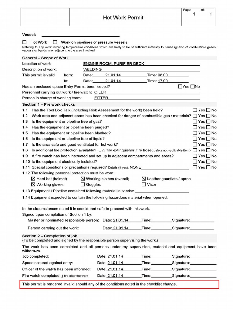 Hot Work Permit Example | PDF