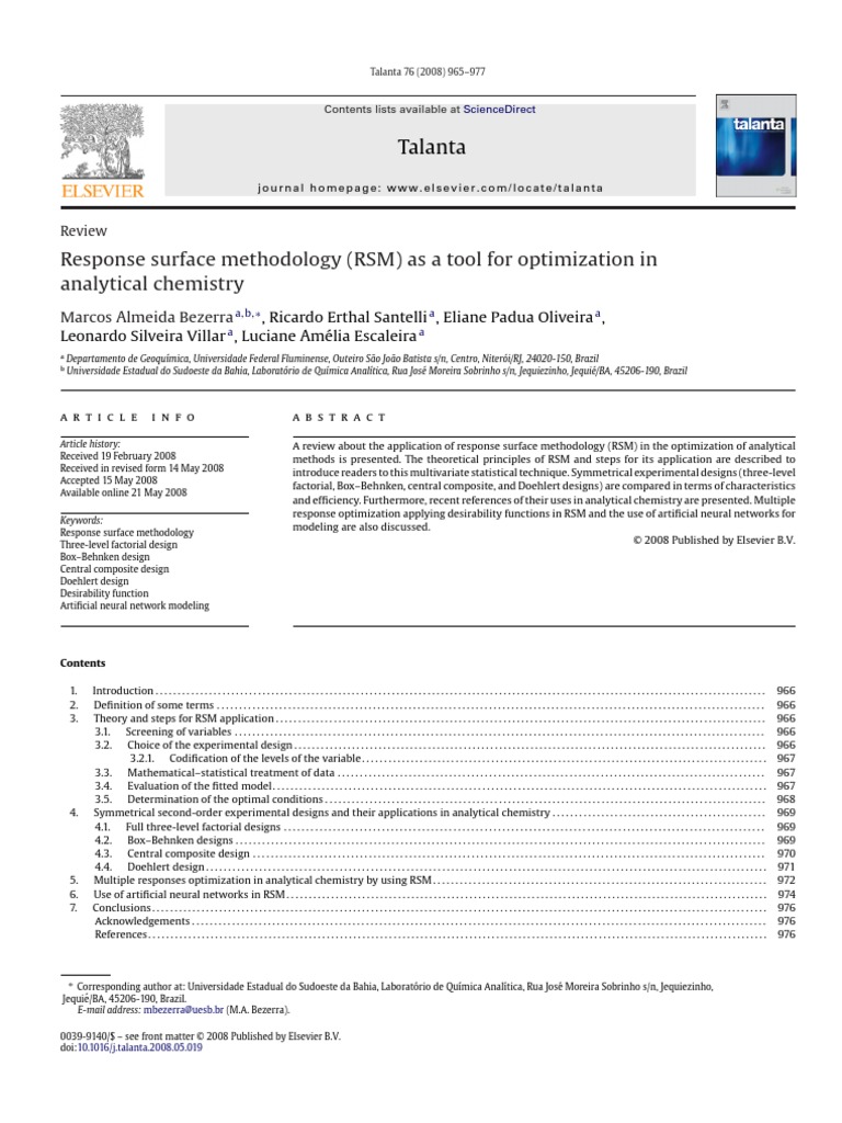 2008-Response Surface Methodology (RSM) As A Tool For Optimization in Analytical Chemistry PDF ...