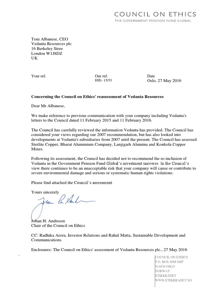 Letter To Vedanta 27 May 2016 | PDF | Occupational Safety And Health ...