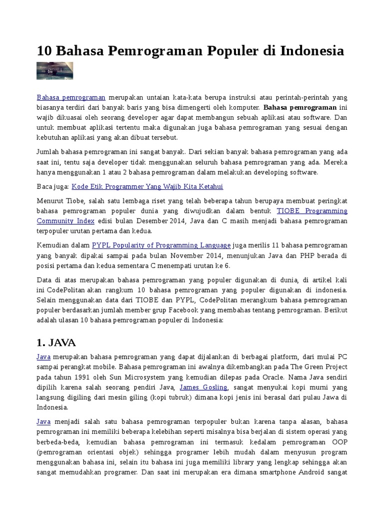 10 Bahasa Pemrograman Populer Di Indonesia | PDF | Komputer