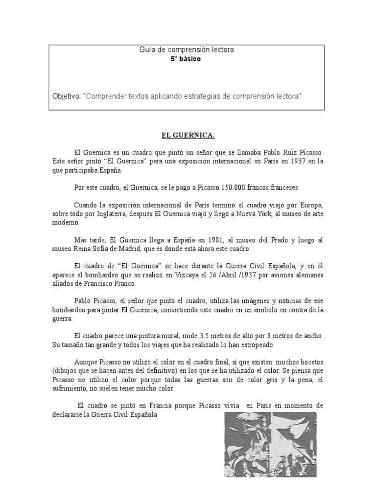 Guía de Comprensión Lectora 5to | PDF | Pablo Picasso | Pinturas