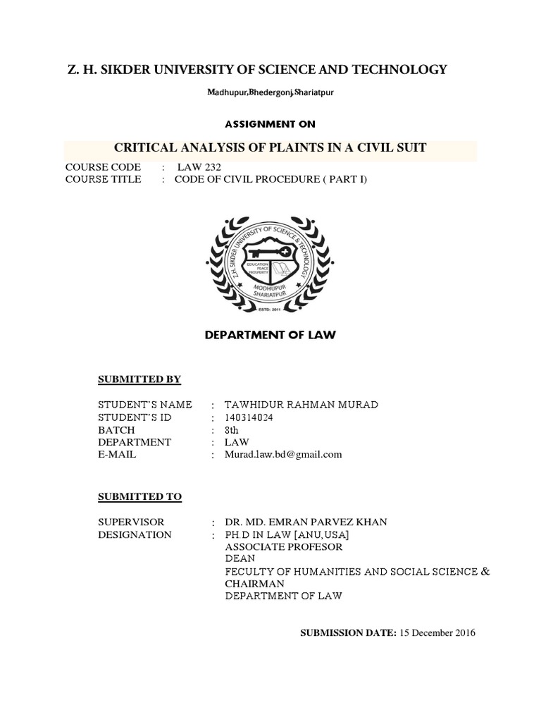 Assignment On Plaint Part Under CPC Part I | PDF