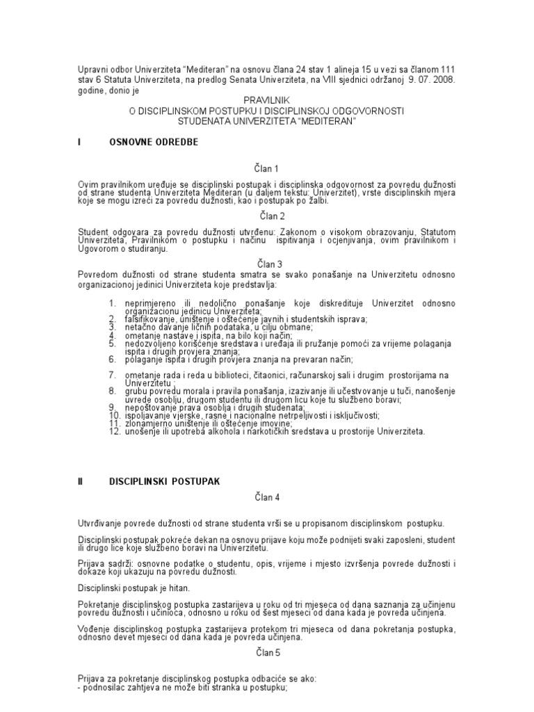 Pravilnik o Disciplinskoj Odgovornosti Studenata | PDF