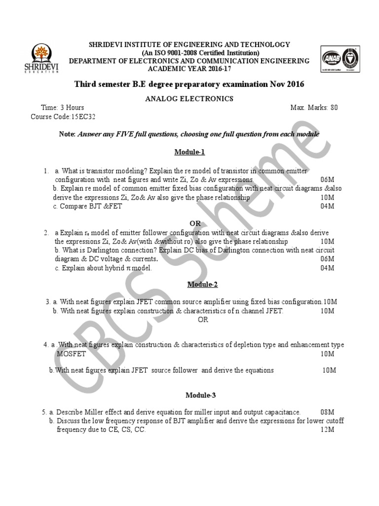 Model Question Paper1 | PDF | Amplifier | Field Effect Transistor