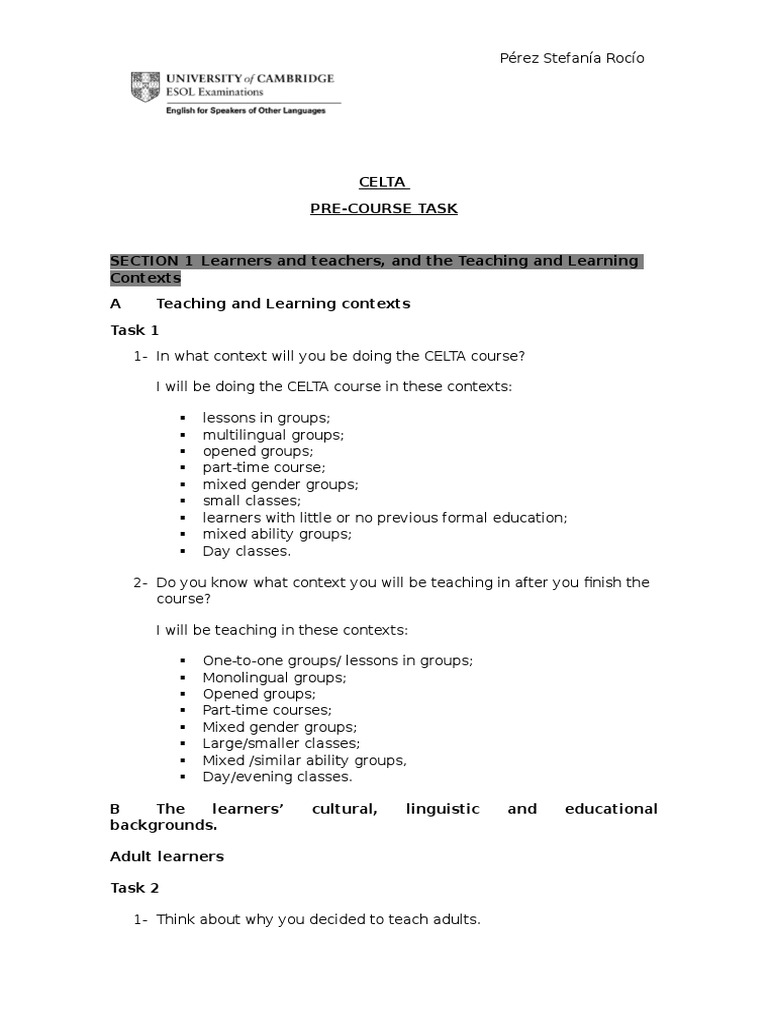 CELTA Pre-Course Tasks | PDF | Perfect (Grammar) | Grammatical Tense