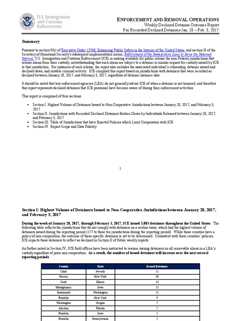 ICE Declined Detainer Outcome Report - Jan 28 To Feb 3 2017 | PDF | U.S ...