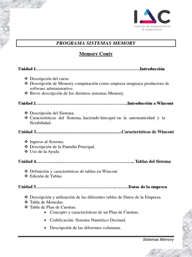 Programa Del Curso IAC: Sistemas Memory | PDF | Contabilidad | Informática