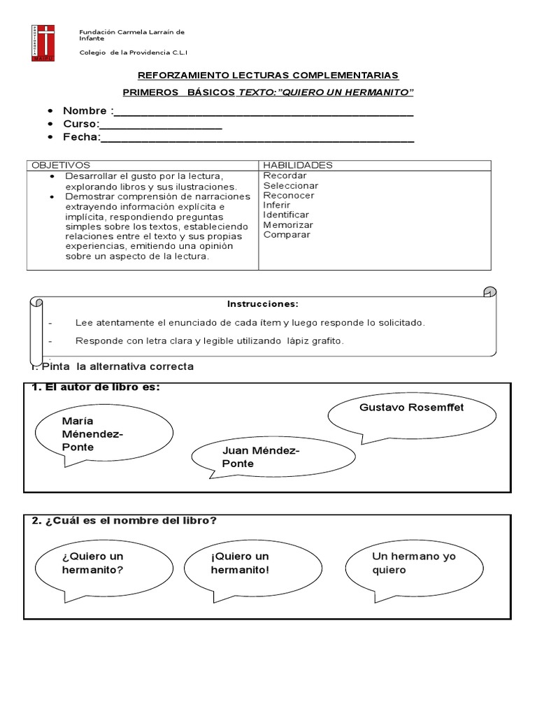 Guía de Comp. Lectora Quiero Un Hermanito | PDF | Lectura (proceso)