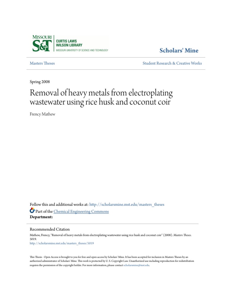 Removal of Heavy Metals From Electroplating Wastewater Using Rice | PDF ...
