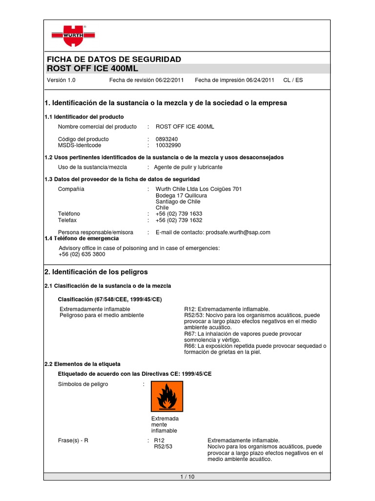 Ficha de Seguridad Rost Off Ice 400ml | PDF | Seguridad y salud ...