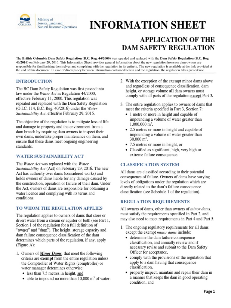 2016 Info Sheet Application Dam Safety Regulation 17mar2016 Final | PDF ...