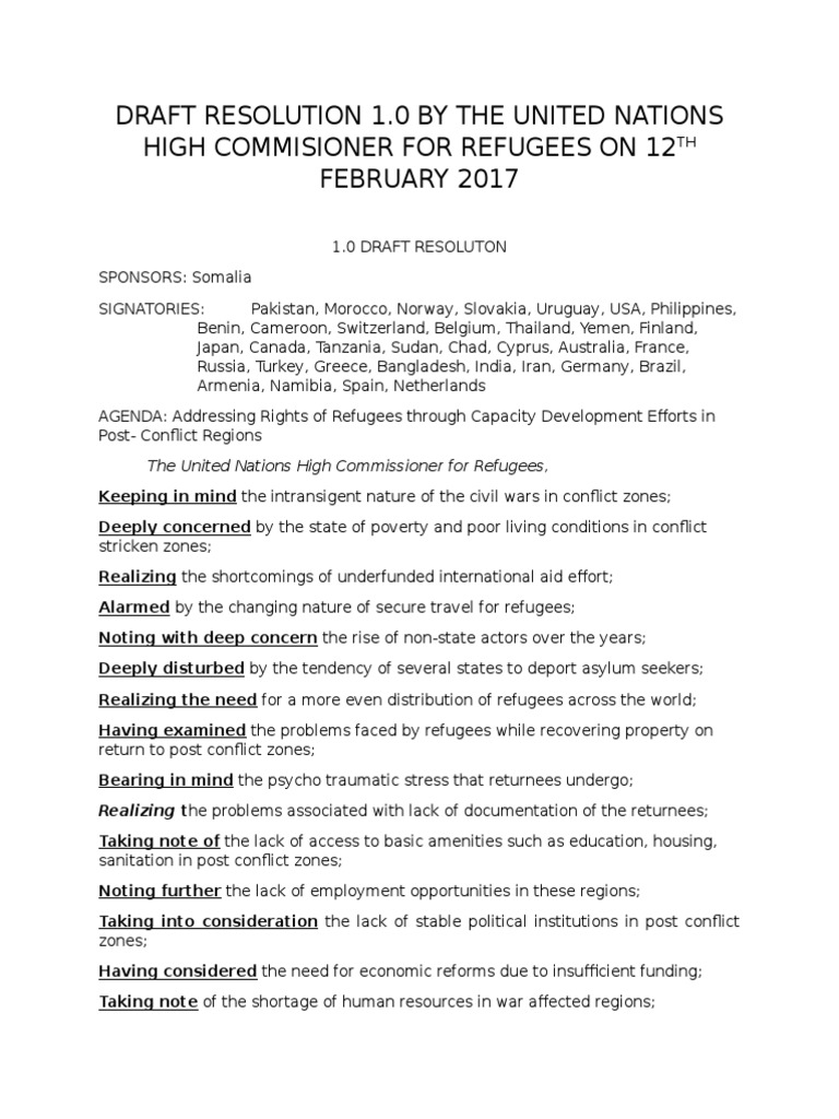 Draft Resolution 1.0 | PDF | Refugee | Food And Agriculture Organization