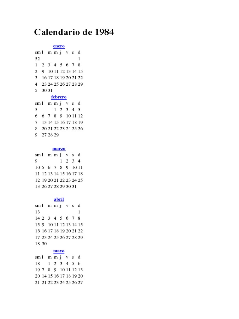 Calendario de 1984 | PDF