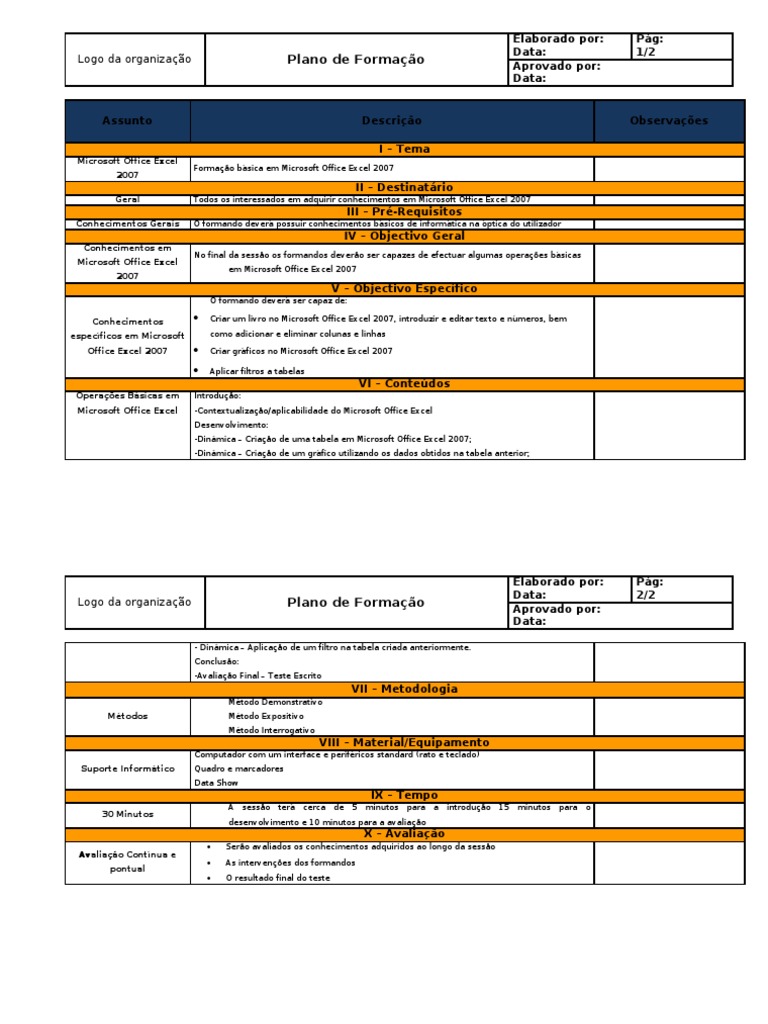 Plano de formação | Microsoft Excel | Microsoft