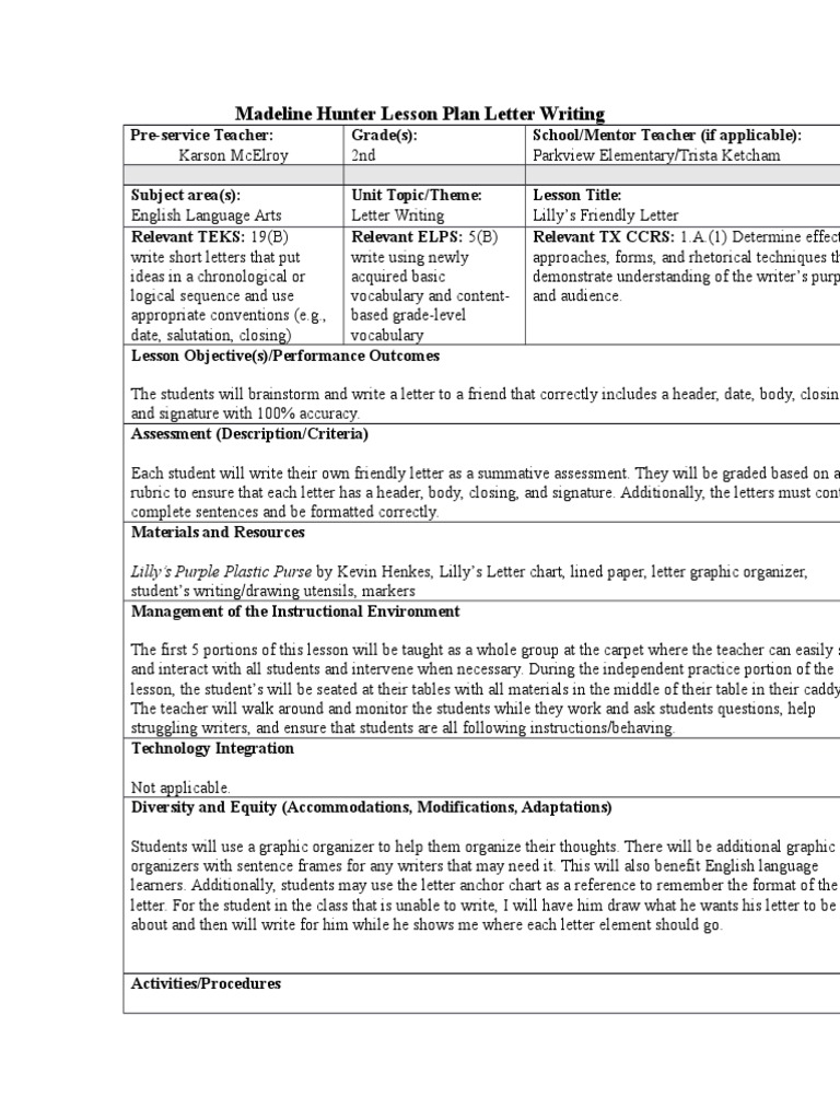 Madeline Hunter Lesson Plan Letter Writing | PDF | Homework ...