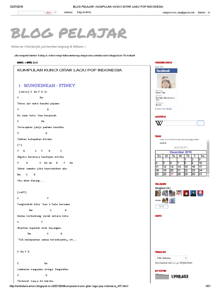 Kumpulan Kunci Gitar Lagu Pop Indonesia | PDF