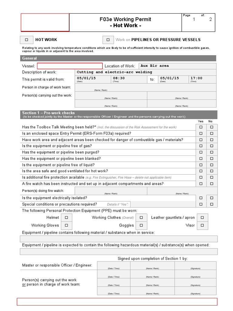 Hot Work Permit Template for Ships | PDF | Gases | Personal Protective ...