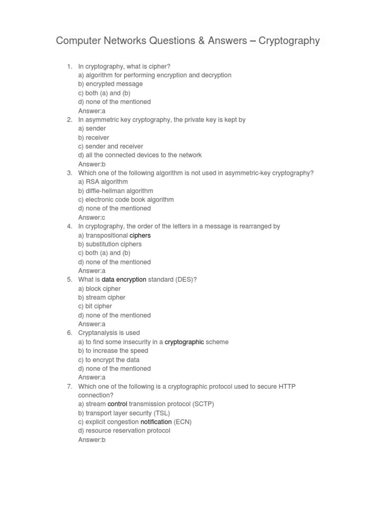 Computer Networks Questions & Answers - Cryptography | PDF | Cipher | Cryptography