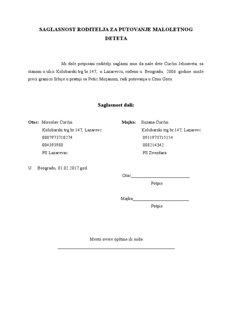 Saglasnost Za Maloletnu Decu Primer | PDF