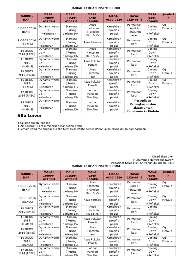 Jadual Latihan Hoki Ogos 2016 | PDF